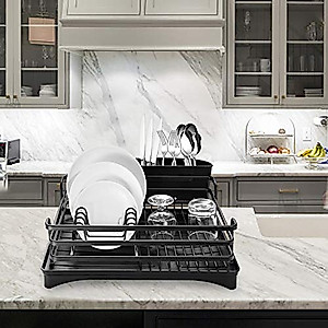 HBlife Aluminum Dish Drying Rack, Never Rust Small Dish Drying Rack with Utensil Holder, Removable Plastic Drainer Tray with Adjustable Swivel Spout, Home Essentials(Black)