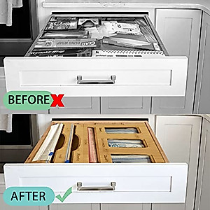 4UKIT Ziplock Bag Storage Organizer Bamboo 6 in 1- Plastic Wrap and Foil (12,4" Roll) Dispenser with Cutter-Suitable for Snack, Gallon, Quart & Sandwich Bag- Kitchen,Pantry,Cabinet,Drawer Organizer