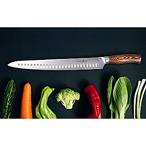 TUO Slicing Knife 12 inch - Granton Carving Knives Hollow Ground Meat Cutting Knife Kitchen Long Slicer & Carver - HC German Stainless Steel Pakkawood Handle - Gift Box Included - Fiery Series