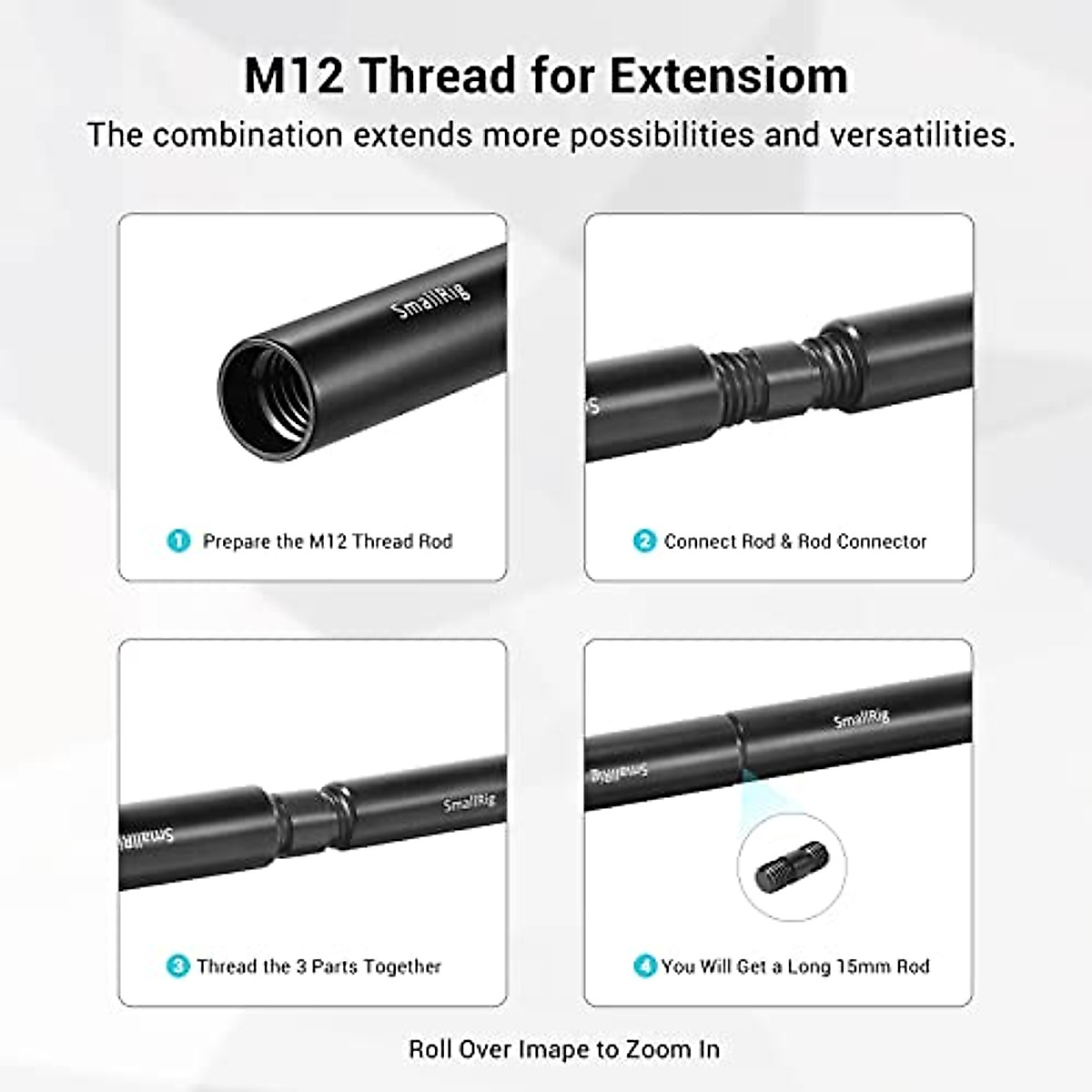 SmallRig 15mm Rods Pack, 15mm Tube with M12 Thread Rod Cap Connectors, Aluminum Alloy Rods Combination for Camera Rig Matte Box Follow Focus 15mm Rod System - 1659