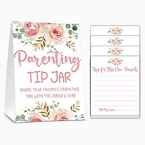 Baby Shower Game Set, Parenting Tip Jar Party Games(1 Standing Sign + 20 Advice Cards), Floral Blank Advice Cards for New Parents, Blush Pink Baby Shower/Gender Reveal Party Favor Decor(A02)