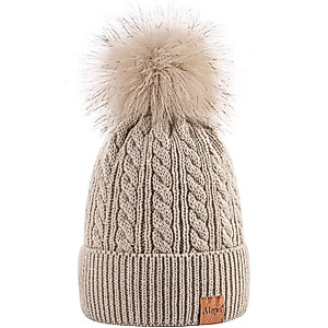 Alepo Womens Winter Beanie Hat, Warm Fleece Lined Knitted Soft Ski Cuff Cap with Pom Pom(Beige)