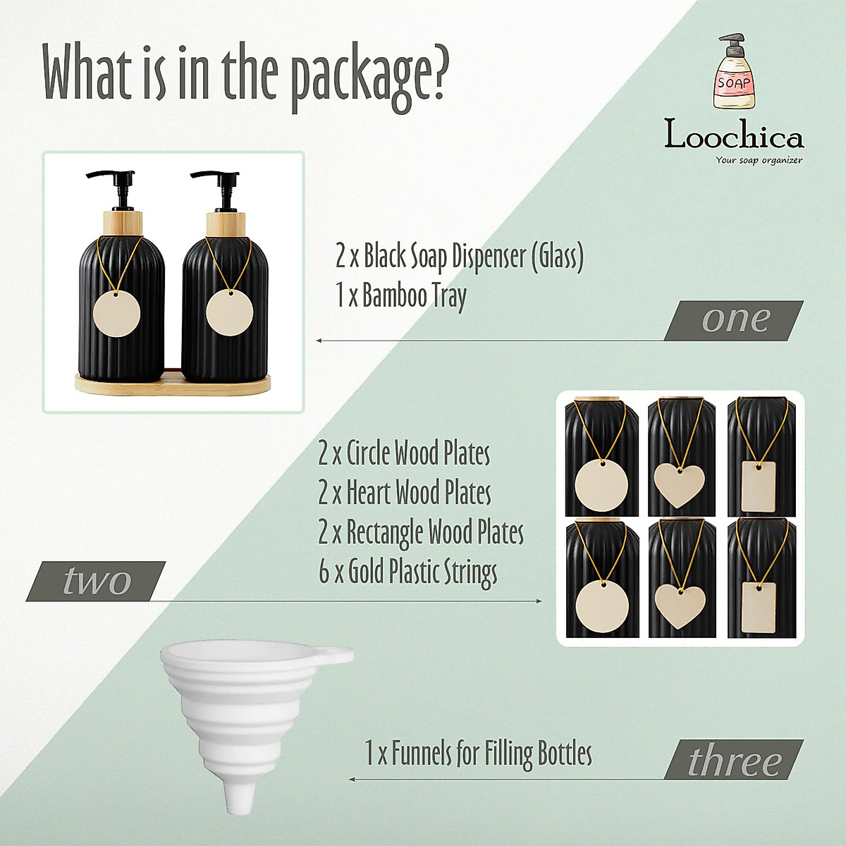 LOOCHICA Do It Yourself 2 Pack Black Glass Soap Dispenser Set with Bamboo Tray, Matte Black Soap Dispenser Suitable for Kitchen Sink, Bathroom, Rustic Kitchen Décor
