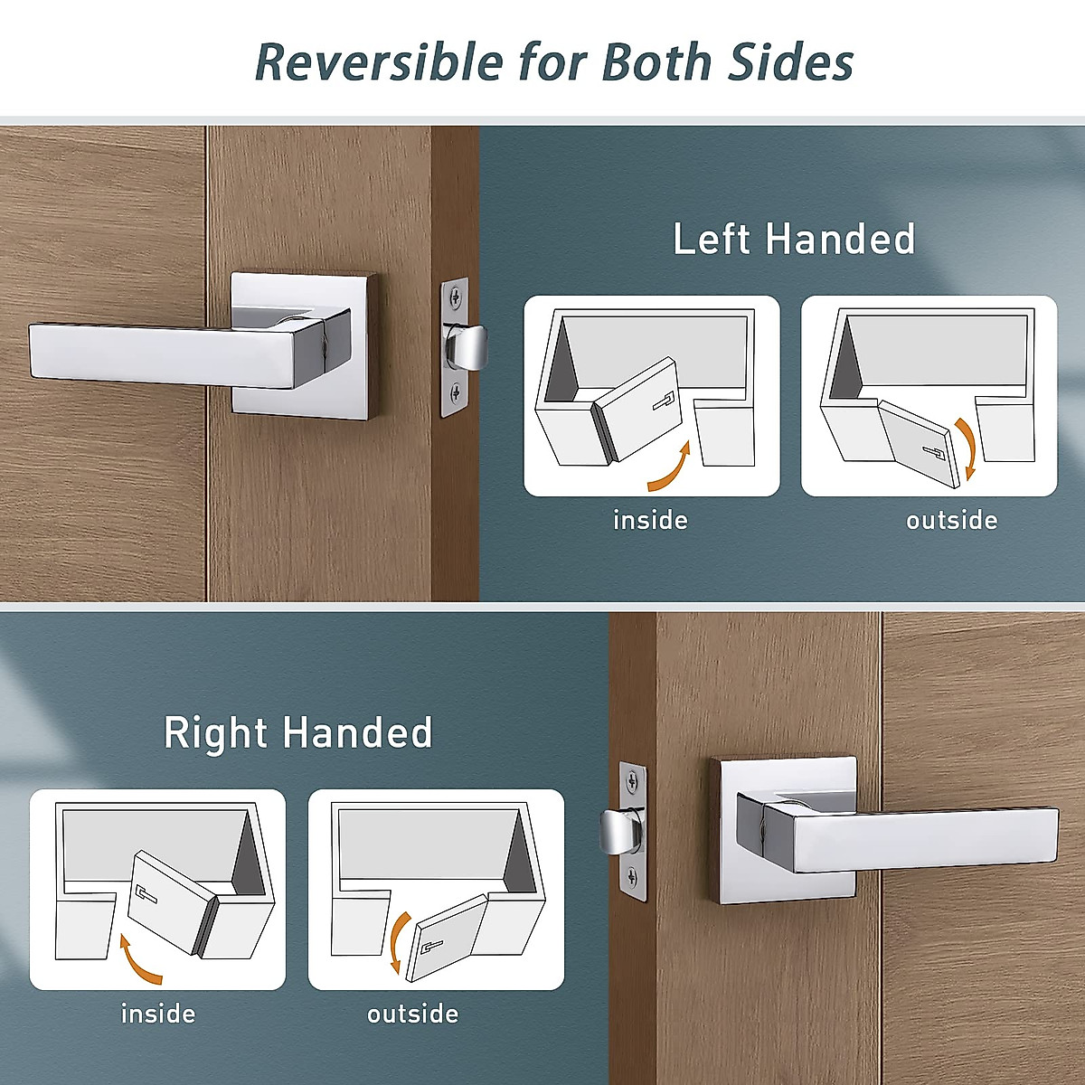 DECORITEN 3 Pack Heavy Duty Privacy Door Levers Interior Door Handles in Polished Chrome, Square Keyless Door Handle Sets for Bedroom Bathroom