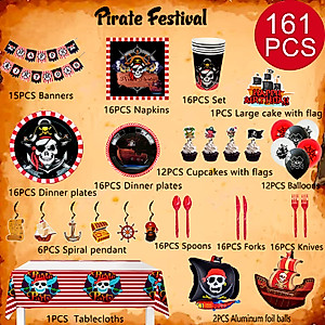 Pirate Birthday Party Supplies,161pcs Pirate Party Decorations&Tableware Set-Pirate Haging Swirln&Pirate Plates Cups Napkins Tablecloth Banner Balloons etc Pirate Birthday Party Decorations for Boys