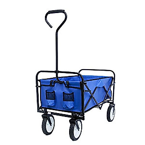 Collapsible Outdoor Utility Wagon Cart with Cup Holder, Large Capacity Folding Garden Shopping Cart,Heavy Duty Foldable Cart, for Activities, Parks, Camping (Blue)