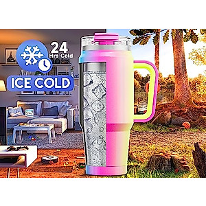 Meoky 32 oz Tumbler with Handle, Insulated Tumbler with Lid and Straw, Stainless Steel Travel Mug, Keeps Cold for 24 Hours, 100% Leak Proof, Fits in Car Cup Holder (Carnival)