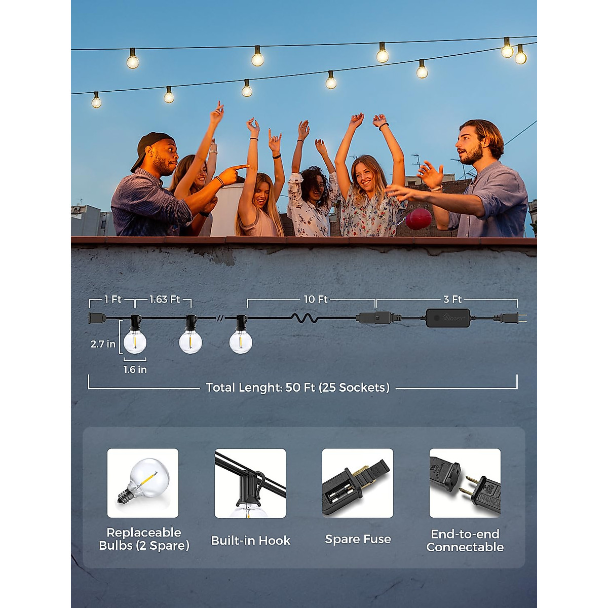 XMCOSY+ Patio Lights, Smart Outdoor String Lights 50Ft, G40 Globe Patio Lights with 25 Dimmable LED Bulbs, APP Control, Work with Alexa, Connectable Waterproof LED Outdoor Lights for Patio Porch