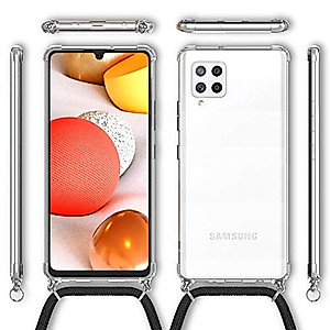 NALIA Necklace Cover with Band Compatible with Samsung Galaxy A42 5G Case, Transparent Protective Hardcase & Adjustable Holder Strap, Easy to Carry Crossbody Phone Bumper Rugged Skin, Color:Black