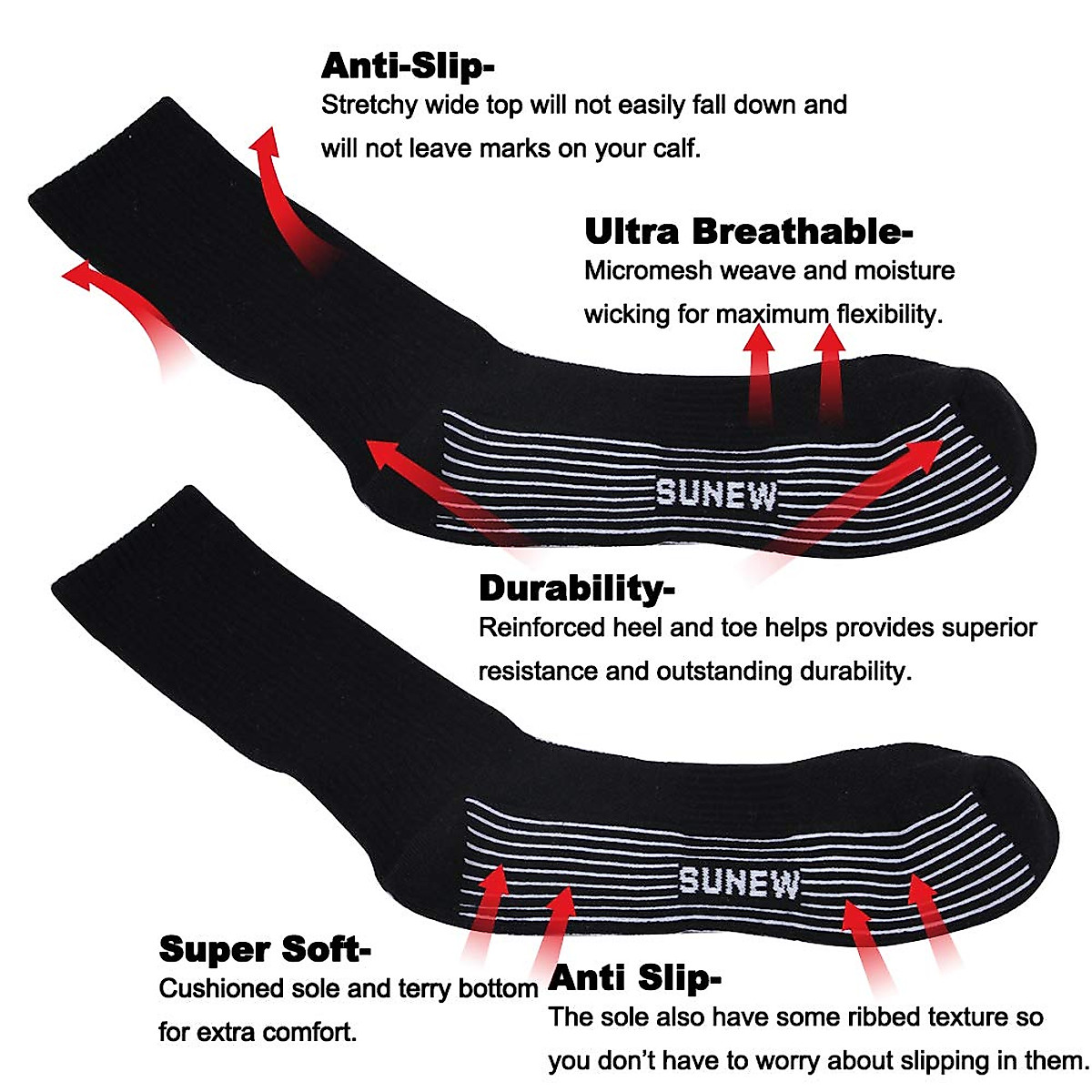 Sunew Bamboo Crew Socks Womens, Womens Soft Cushioned Running Jogging Hiking Crew Socks with Mesh and Arch Support, Seamless Toe Sensitive Skin Wicking Sweaty Summer Long Socks,6 Pairs Black S