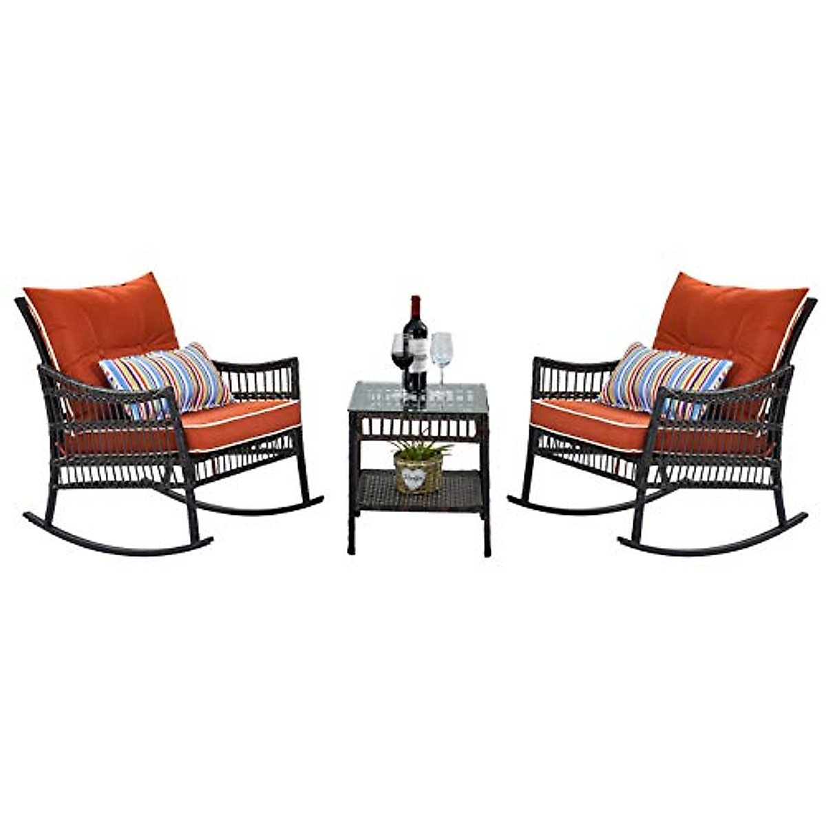 DECMICO Outdoor Rocking Chairs 3 Pieces Patio Conversation Front Porch Furniture, Wicker Rocking Chairs Bistro Set with Glass Coffee Table and Cushions for Garden and Balcony…