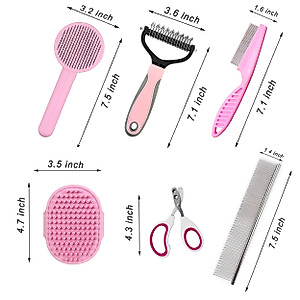 POSAPET Cat Brush Grooming Kit 6pcs - Cat Brushes for indoor Cats Shedding, Dog Brushes Kit for Small Dogs,Cat Brushes for Shedding for Long Haired Cats, Pet Self Cleaning Kit with Flea Comb Set Pink