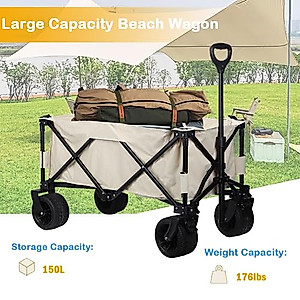 Collapsible Wagon Cart, Heavy Duty Folding Wagon, 176lbs Large Capacity Beach Wagon, All Terrain Wagon, Portable Outdoor Utility Wagon for Sports Shopping Camping Garden(White)