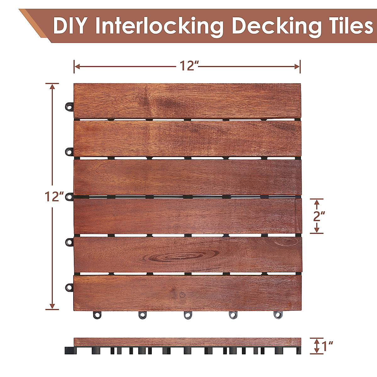 PrimeZone 108 PCS Solid Acacia Wood Interlocking Patio Deck Tiles - 12" x 12" Indoor Outdoor Waterproof Flooring Tiles for Balcony, Backyard, Garden & Poolside, All Weather Use, Brown