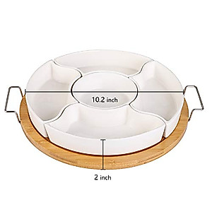 yarlung 10 Inch Ceramic Divided Serving Dishes with Bamboo Platter, Appetizer Tray 5 Removable Snacks Bowls for Candy and Nut, Chips and Dips, No Lid Included