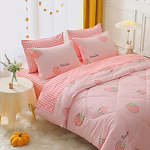 Jameswish 7 Piece Kids Strawberry Comforter Set Twin Size for Girls Teens Bed in A Bag Light Pink Grid Bedding Set with Sheet All Season Lightweight