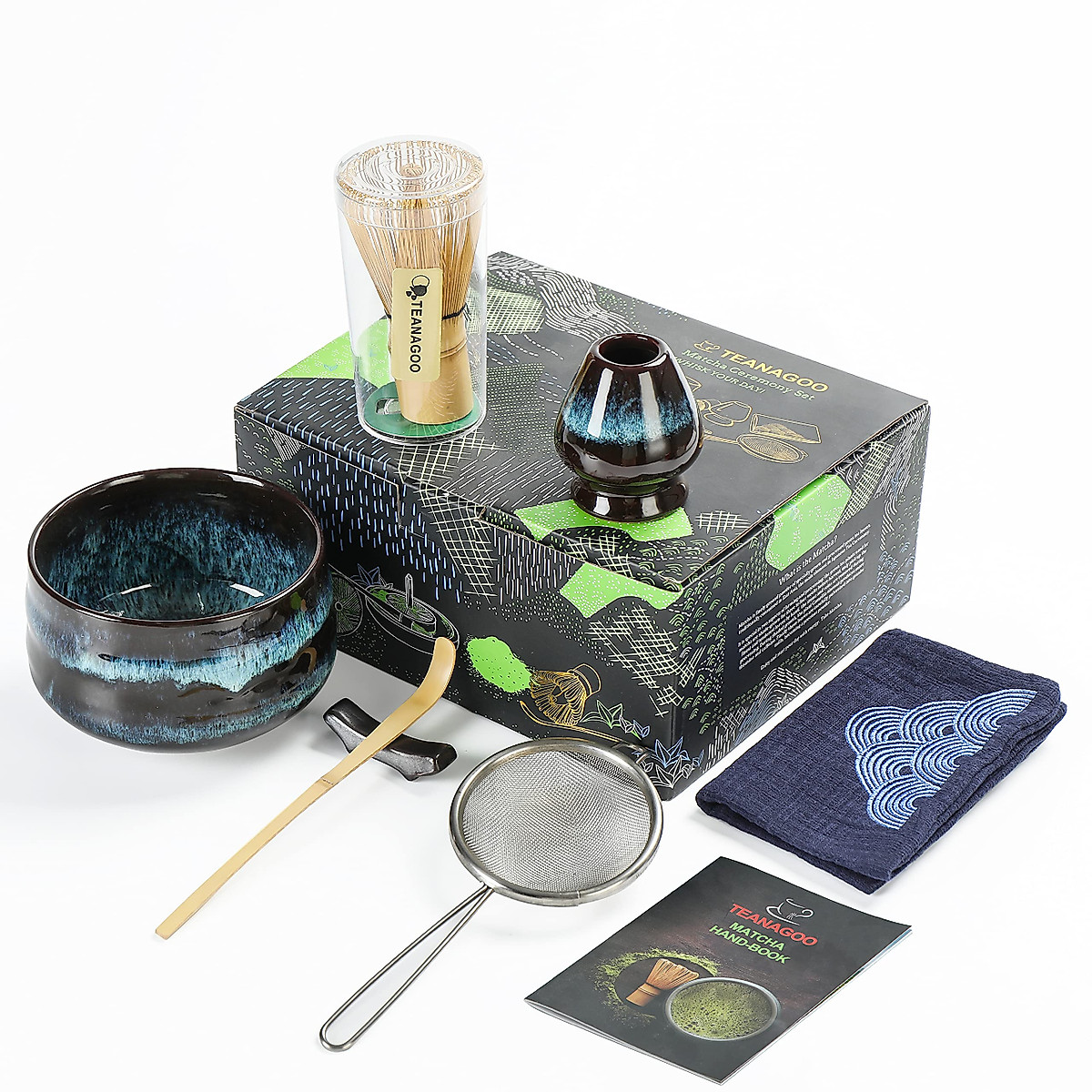 TEANAGOO Japanese Matcha Tea Set, Matcha Bowl, Matcha Bamboo Whisk, Scoop, Sifter, Matcha Whisk Holder, Matcha whisk stand, Matcha whisk set N4,Matcha Green Tea Powder Kit