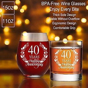 Perfectinsoy 40 Years Happy Anniversary Whiskey Glass and Stemless Wine Glass Gift Set, 40th Anniversary Wedding Gift For Mom, Dad, Soulmate, Couple, 40 Years Gifts, Happy 40th Anniversary