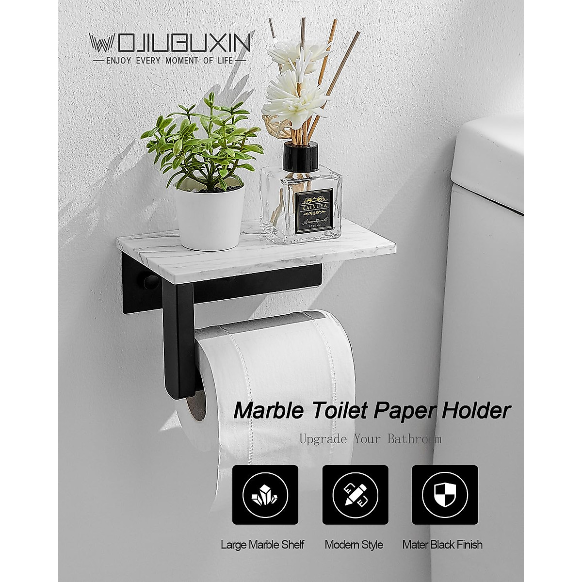 WOJIUBUXIN Marble Toilet Paper Holder with Shelf Black Toilet Paper Roll Holder Wall Mount for Bathroom Cabinet Decorative,Matte Black Finish,Modern Style,Screw-in,Each Marble with A Unique Pattern