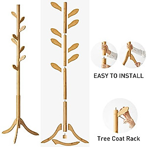 viewcare Coat Rack Free Standing, Adjustable Coat Tree with 8 Hooks, Bamboo Coat Stand for Entryway, Hallway, Corner, Bedroom & Office, Sturdy Coat Rack for Coats, Hats, Scarves, and Handbags