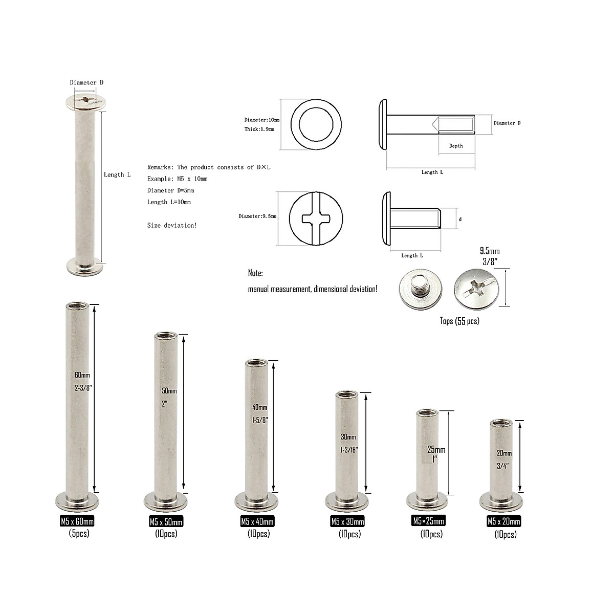 LBY 110pcs Chicago Screws Binding Screw Posts,M5 x 20/25/30/40/50/60mm Binding Barrels and Screws Assortment Kit, for Leather Saddles Purses Belt Repair,Nickel-Plated
