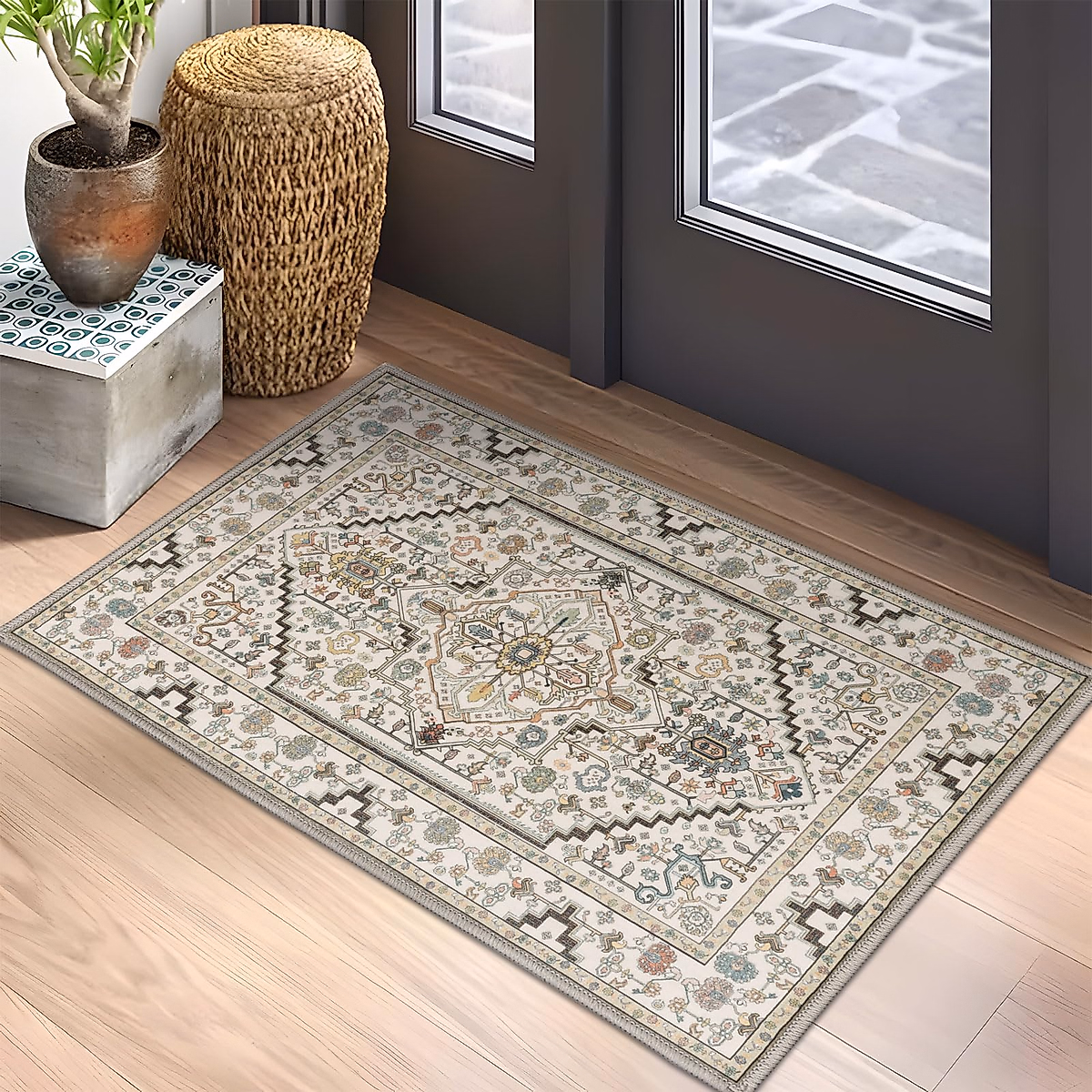 Rineflo-2'x3' Washable Indoor Doormat, Non-Slip Retro Door Mat ，Boho Mat Low-Pile Entryway Rug，Suitable for Bedroom, Study, Bathroom Entrance Carpet (Beige Green, 2'x3')