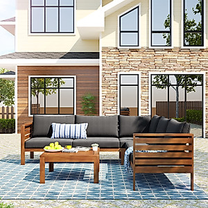 AOCHUANG Eucalyptus Wood 4 Piece Sectional Sofa Set Coffee Table Removable Cushion,Patio Seating Group L Shape Corner Garden Backyard Poolside (Natural Wood+Gray), 58.7inch x 27.6inch 25.1inch(L W H)