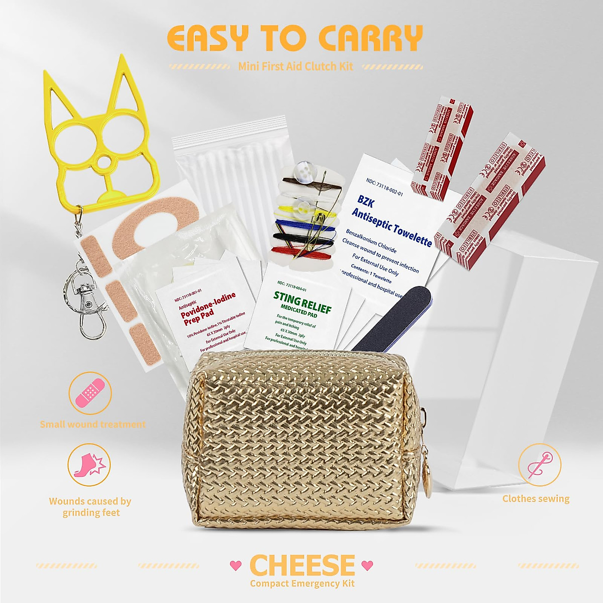 Kitgo Mini First Aid Emergency Clutch Kit -Mother Day Women's Day Gift Compact Safety Pouch Party Bag with 36 Essential Items for Girl Lady Mother Wife Nurse for Girl Lady Mother Wife Nurse (GOLD new)