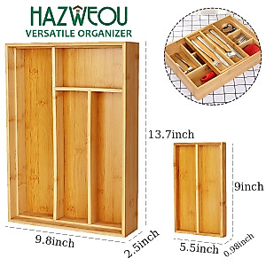 HAZWEOU Bamboo Silverware Organizer - Kitchen Drawer Organizer and Utensil Organizer - Cutlery – Flatware - Hardware Organizer, with Small Slidable Organizer(Natural)