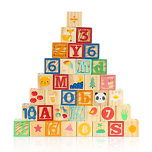 FOPNETS Wooden ABC Building Blocks 36 Large Stacking and Building Blocks for Toddlers Colorful Alphabet Number Icons Preschool Educational Montessori Toys for Boys Girls Gifts