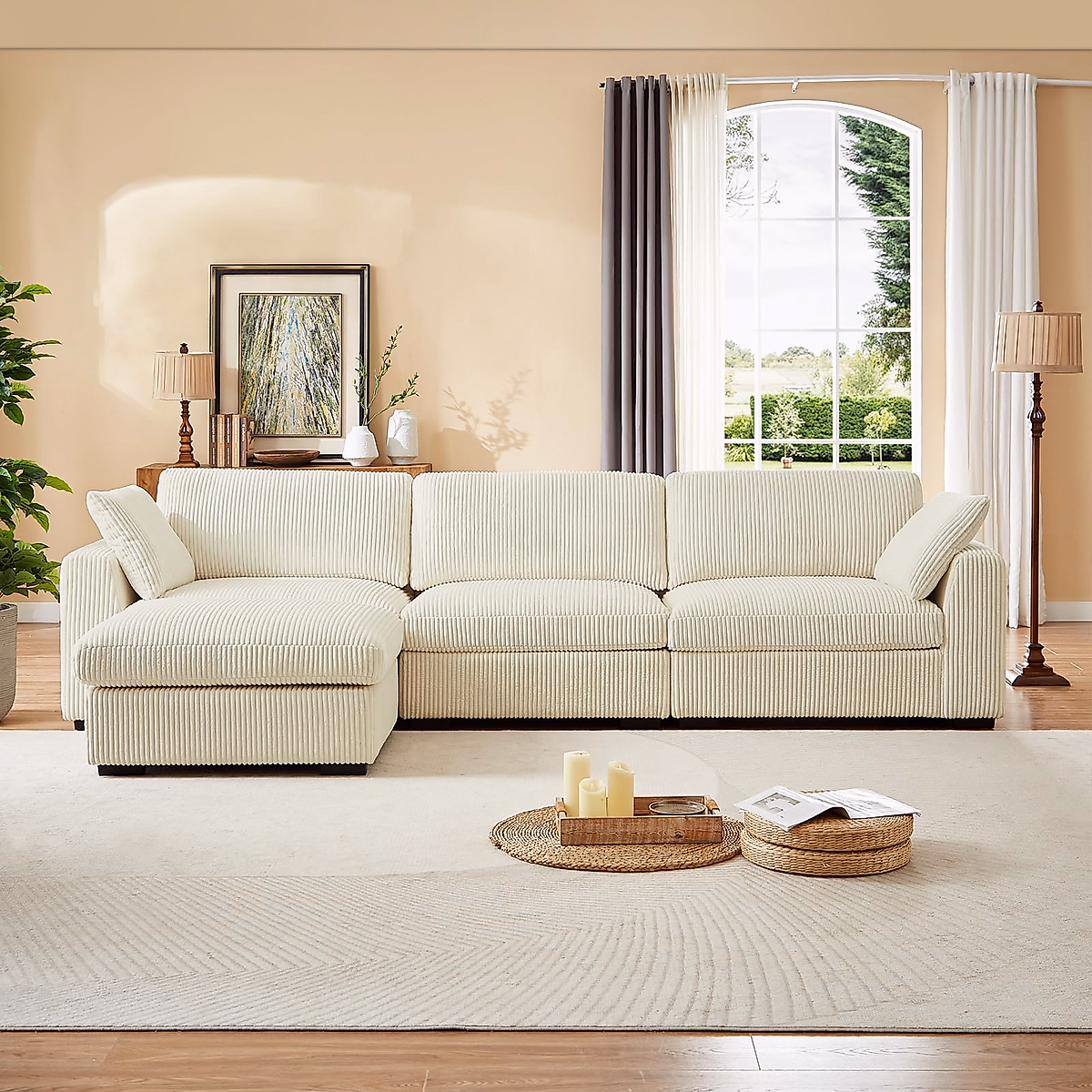 HOLYFIND 130" Oversized Sectional Sofa,L Shaped Couch for Living Room,Modern Corduroy Modular Sofa,Deep 4 Seat Sofa Sleeper with Moveable Ottoman and Two Pillows (Beige, L Shape Sofa)