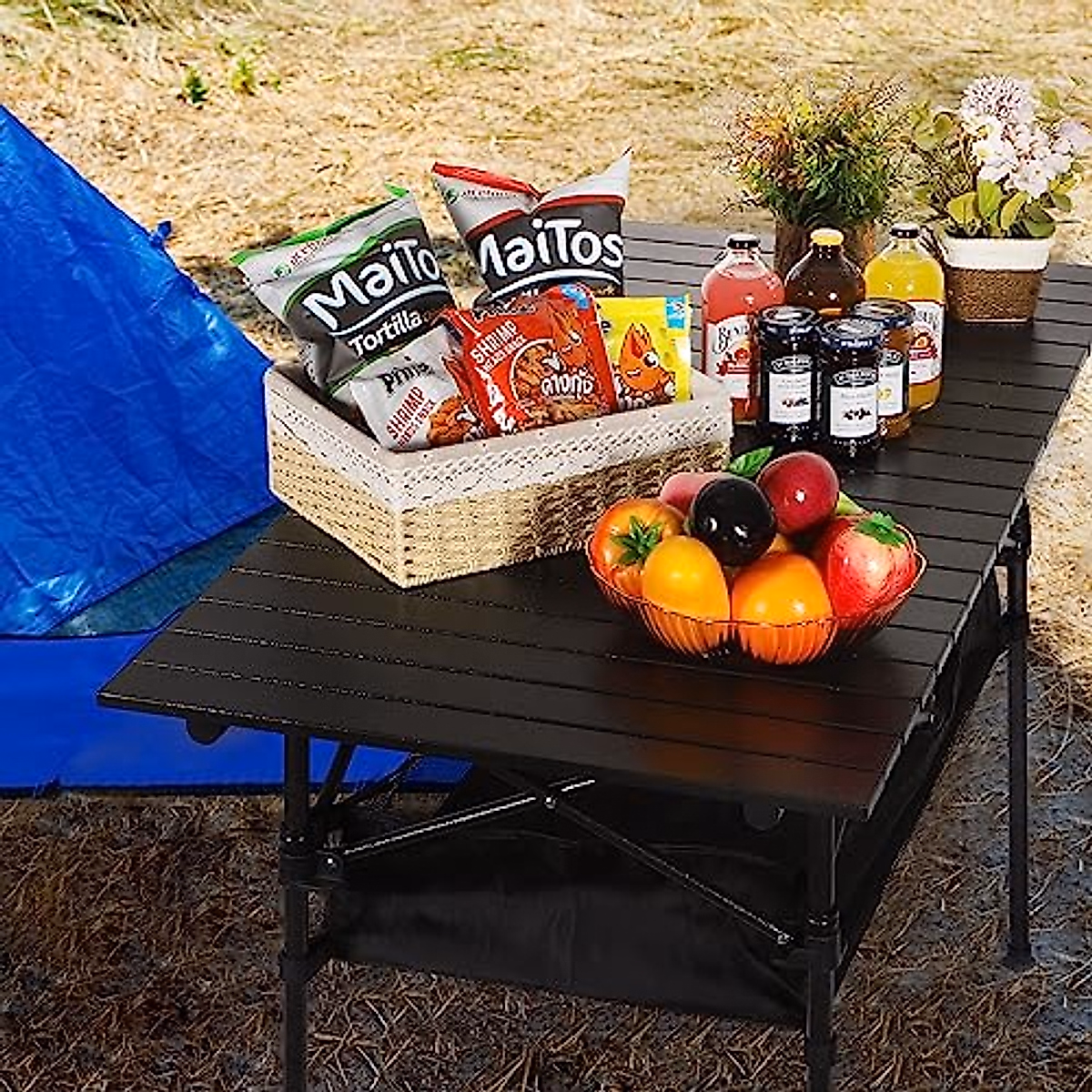 Folding Camping Table Folding Outdoor Table, 46.6 * 21.65 * 26.77in Picnic Table, Portable Camping Table, Aluminum Roll-Up Top, Camp Table with Easy Carry Bag for Outdoor Travel Backyards BBQ(Black)