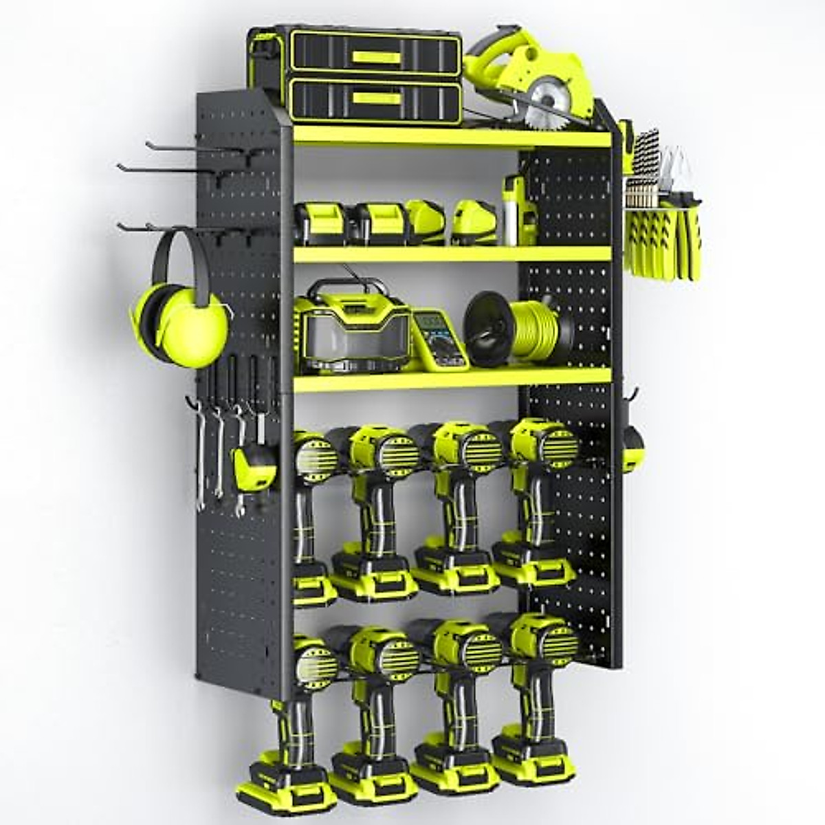 KAFAHOM Power Tool Organizer, Large 8 Drill Holder Wall Mount with 2 Side Pegboards,5 Layer Heavy Duty Metal Tool Storage Rack, Tool Shelf for Garage Organization, Utility Battery Shelves - Green