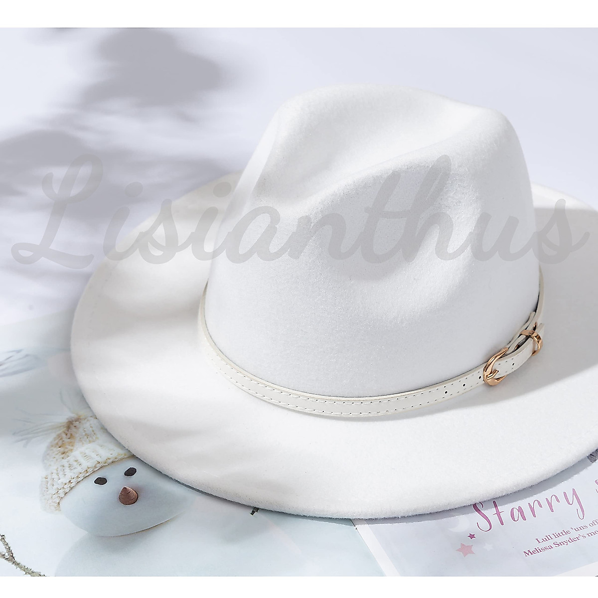 Lisianthus Women White Fedora Wide Brim Panama Hats with Color Belt Buckle (White)