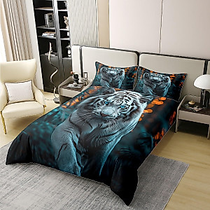 Manfei White Tiger 100% Cotton Duvet Cover(No Comforter),Mystic African Wild Animal Bedding Set with 2 Pillowcases,Jungle Botanical Trees Leaves Rustic Quilt Cover,King Size