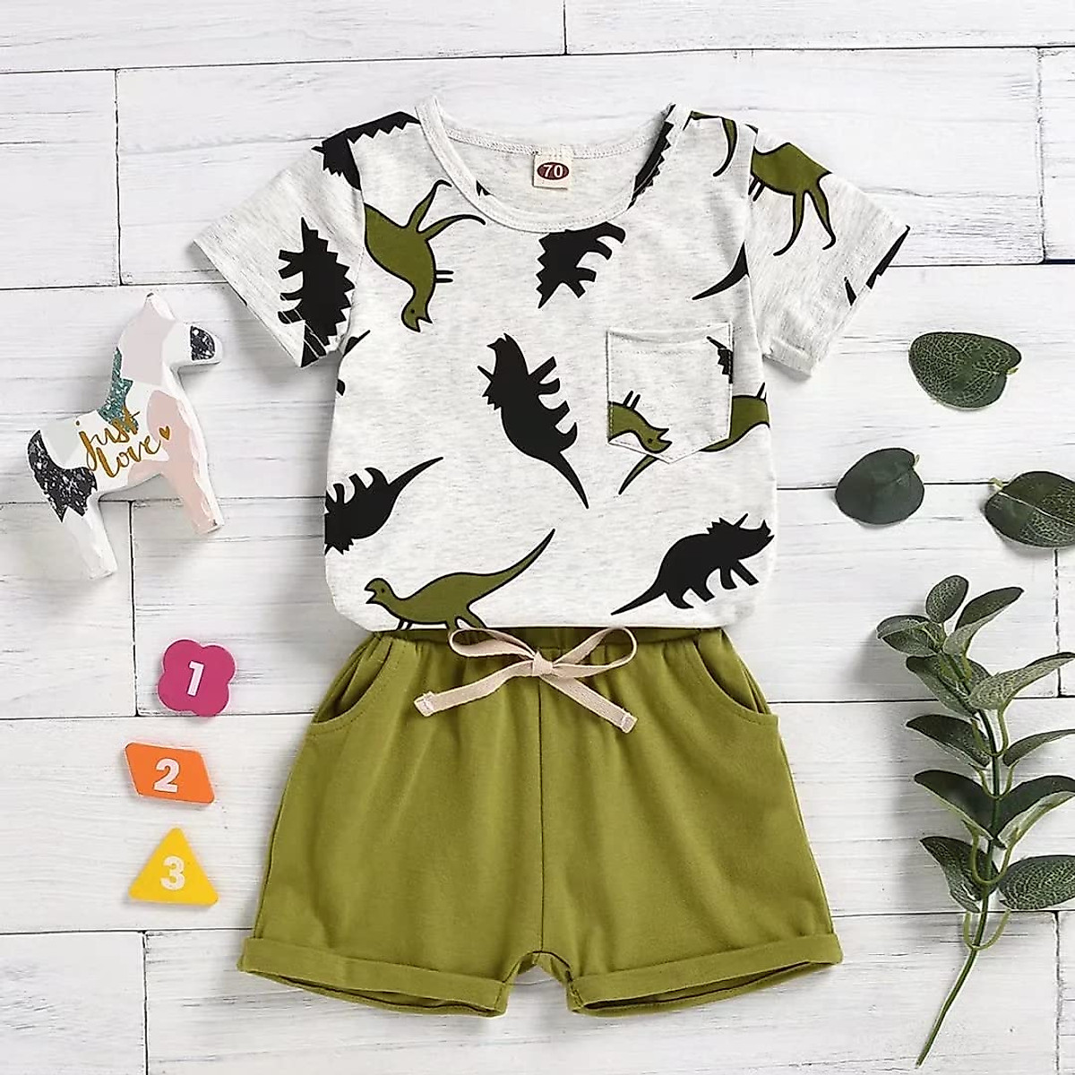 2T Boys Clothes Toddler Boys Summer Outfits Dinosaur T-Shirt & Shorts Set 2 Piece，Green Dino 2-3T/90cm