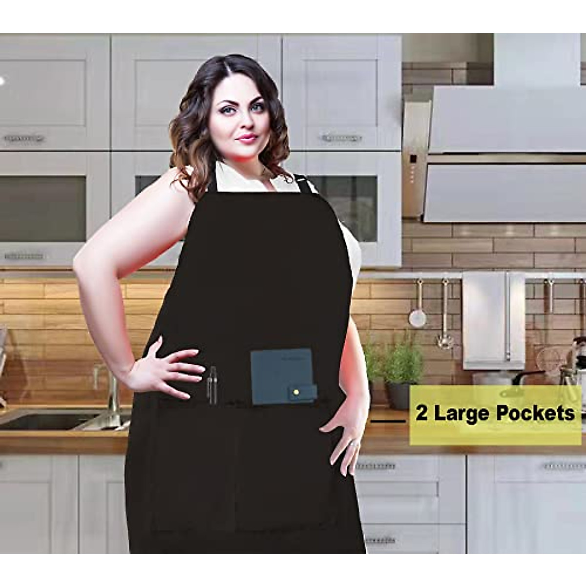 MissOwl Plus Size Adjustable Bib Apron Waterdrop Resistant with 2 Pockets Extra Large Chef Apron Kitchen Cooking for Women Men Black