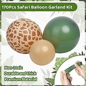 170Pcs Jungle Safari Balloons Garland Kit, Safari Baby Shower Decorations Sage Green Brown & Animal Print Balloons Palm Leaves for Woodland Themed Giraffe Wedding Two Wild One Birthday Party Supplies
