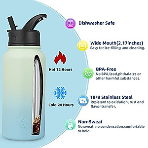 BJPKPK Insulated Water Bottles with Straw Lid, 27oz Stainless Steel Water Bottle with 3 Lids, Leak Proof BPA Free Metal Thermos Mug, Sports Water Bottle Keep Cold & Hot-Mint