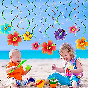 WILLBOND 40 Pieces Hawaiian Tropical Luau Party Hanging Swirls Hanging Hibiscus Swirls Flower Foil Swirl Decorations Ceiling Decorations for Summer Tropical Hawaiian Theme Party Decoration Supplies