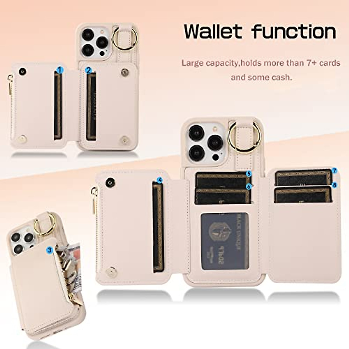 Nunwiza for iPhone 13 Pro Max Case Wallet with Card Holder Shoulder Hand Straps, Crossbody Leather Zipper Handbag Purse Flip Case Compatible with iPhone 13 Pro Max 6.7 Inch Beige