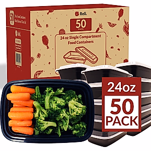 Reli. Meal Prep Containers, 24 oz. | 50 Pack | 1 Compartment Food Container w/Lids| Microwavable Food Storage Containers/To Go | Black Reusable Bento Box/Lunch Box Containers for Food/Meal Prep