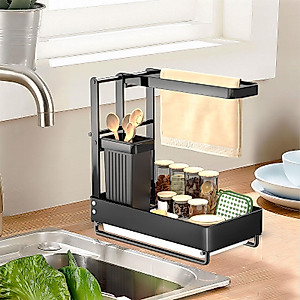 Yawinhe Sponge Holder, Sink Caddy Organizer with Detachable Brush Rack, Kitchen Accessories for Organization, Stainless Steel, Black