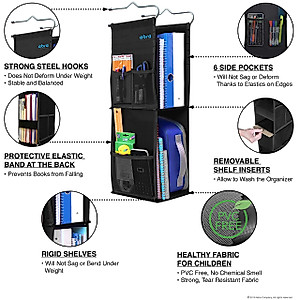 ABRA® 2 Shelf Hanging Locker Organizer for School, Work, Gym, Storage | Deep Shelves 6.5”x 9”| Eco-Friendly Fabric Healthy for Children (Pure Black)