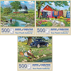 Bits and Pieces – Value Set of Three 500 Piece Jigsaw Puzzles for Adults – Around The Bend, Plain and Fancy, Father's Day Jigsaw Puzzles by Artist John Sloane, Completed Puzzle Size: 18" x 24"