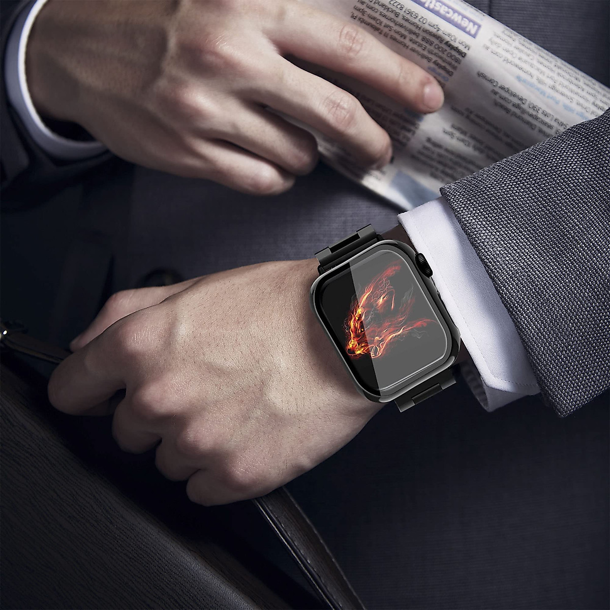 Bekomo Compatible with Apple Watch Band 49mm 44mm 45mm 42mm 40mm 38mm 41mm, Stainless Steel Metal XL large iWatch Bands with 2 Pack Tempered Glass Screen Case for Series Ultra 87654321SE for