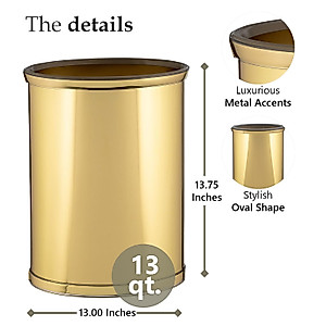 Kraftware Polished Brass Designer 14” Oval Wastebasket for Home & Office (76074)