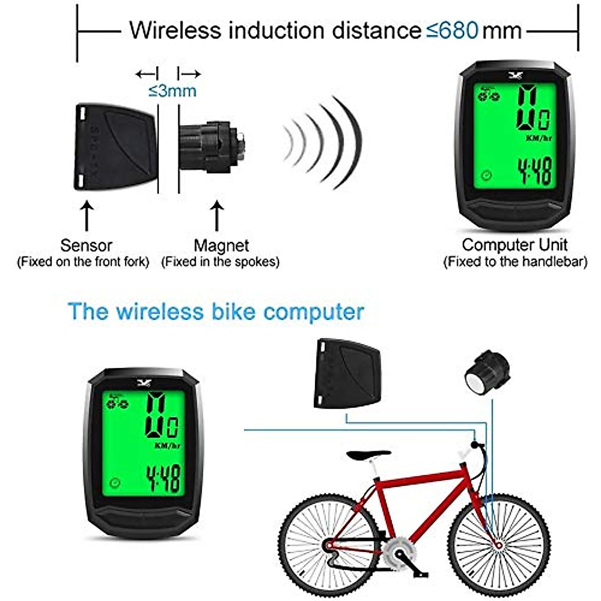 Bicycle Speedometer Waterproof Wireless Cycle Bike Computer Bicycle Odometer with LCD Display & Multi-Functions