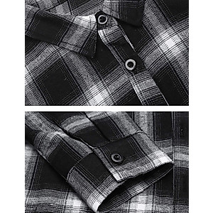 HOTOUCH Womens Flannel Plaid Shirts Roll Up Long Sleeve Pockets Mid-Long Casual Boyfriend Shirts Black and White L