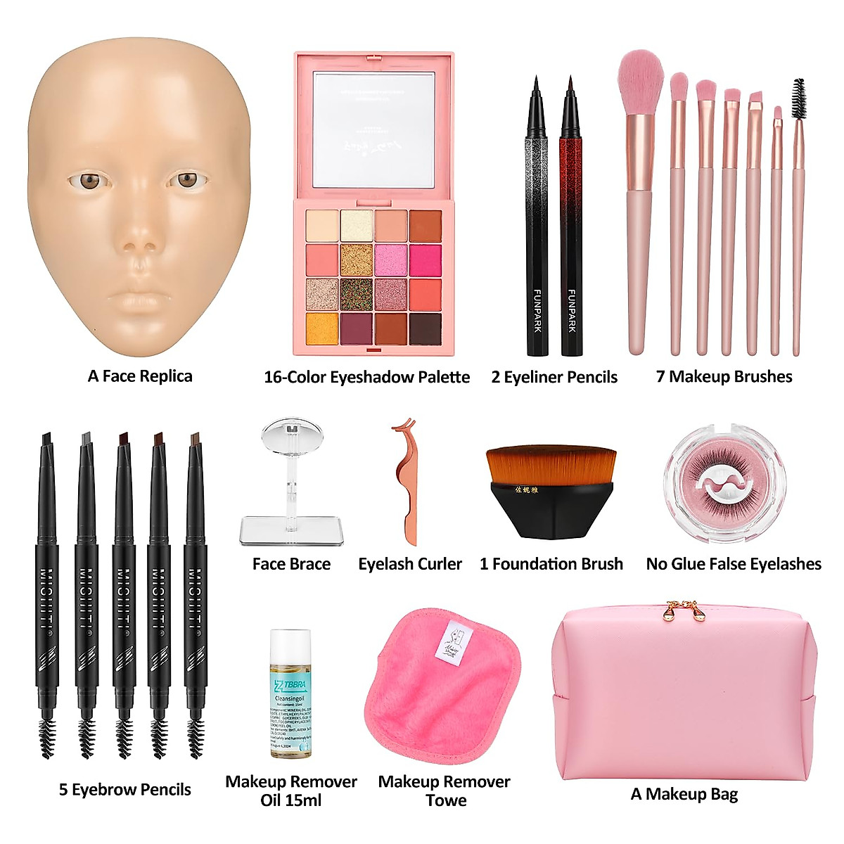 ZTBBRA Makeup Practice Kit, Reusable Silicone Makeup Practice Face/Makeup Mannequin Face, Come with Makeup Brushes Set&Dual head Eyebrow Pencils&Eyeliners&a Pair of Eyelashes&a Makeup Bag